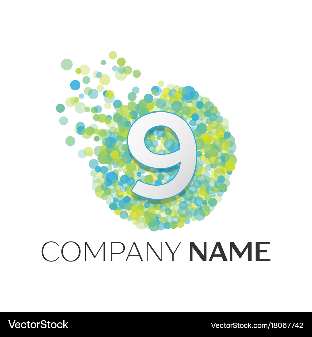 Number nine logo blue green yellow particles Vector Image