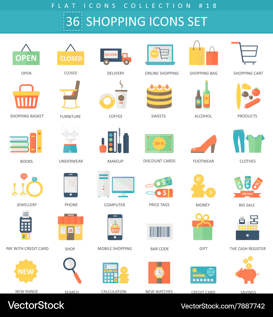 Shopping color flat icon set elegant style Vector Image