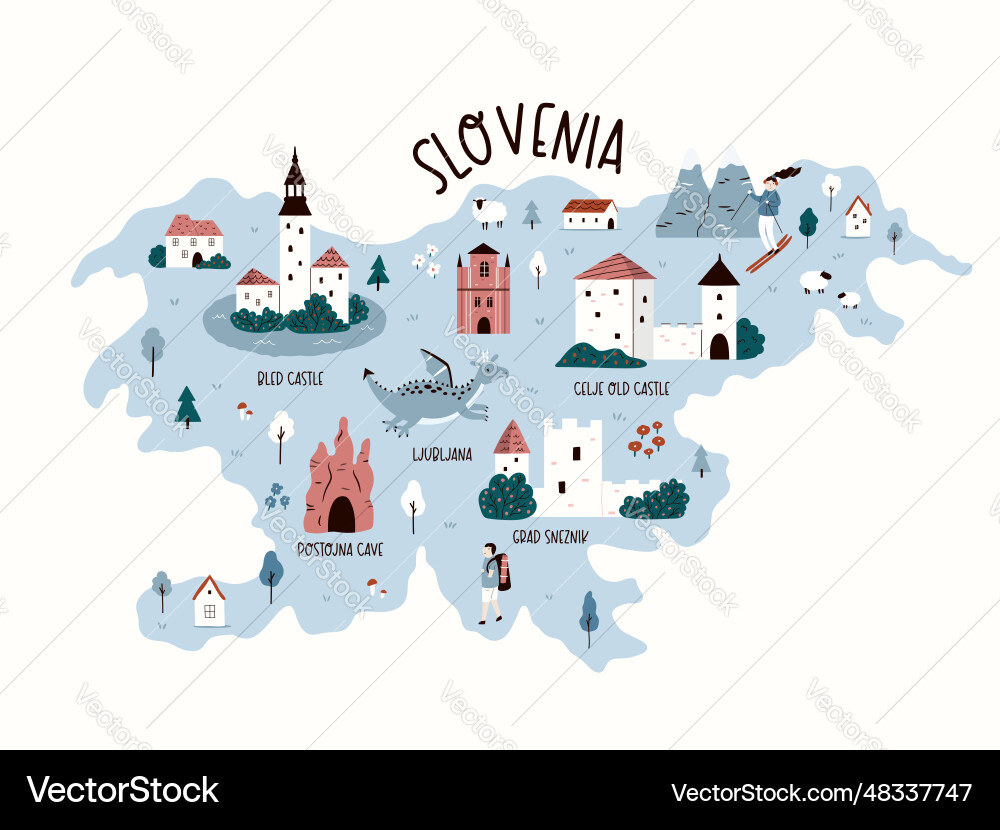 Slovenia hand drawn map with attractions travel Vector Image