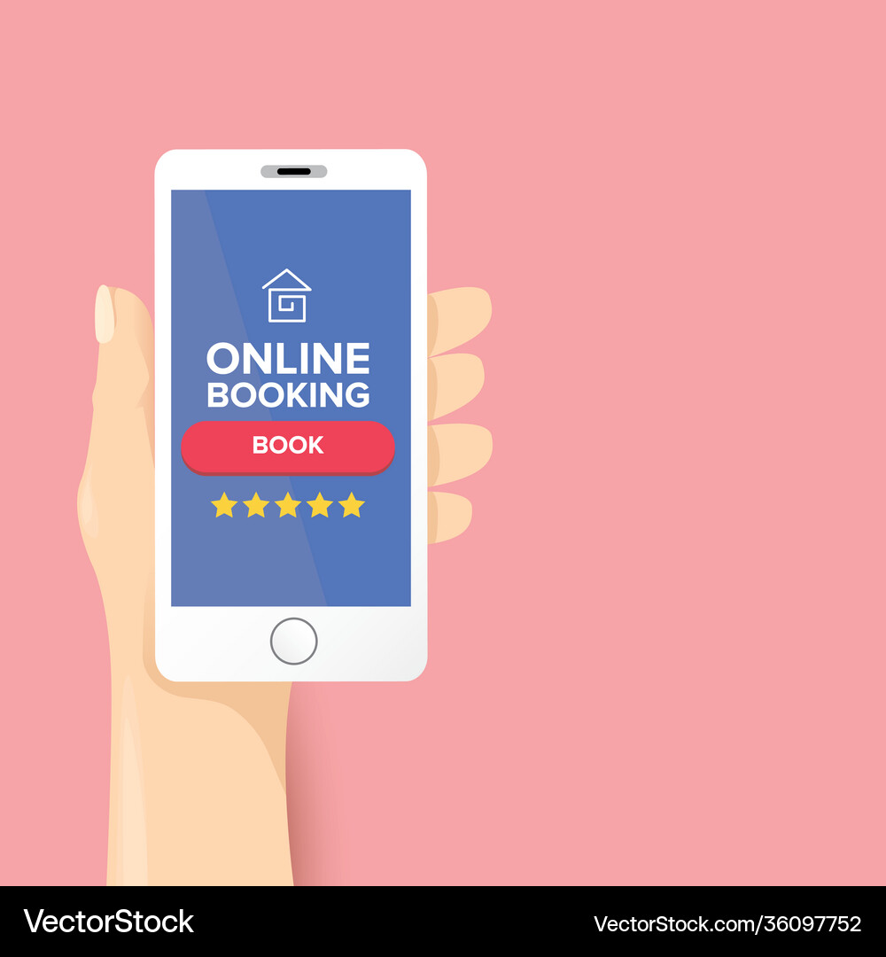 Hand holding white smart phone with online booking