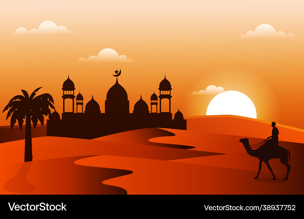 Sunset arabic desert camel caravan muslim islamic Vector Image