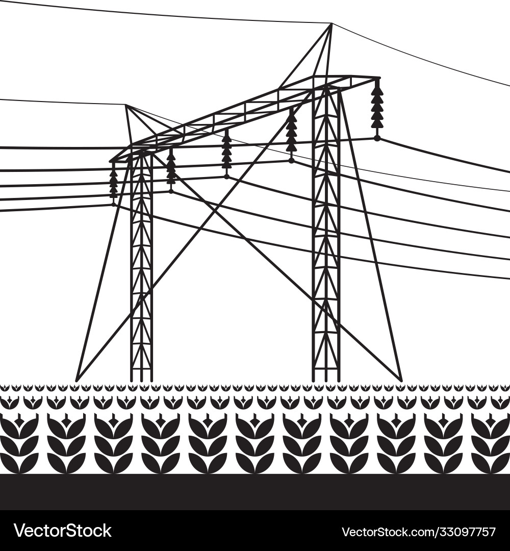 High voltage power line over field with plants Vector Image