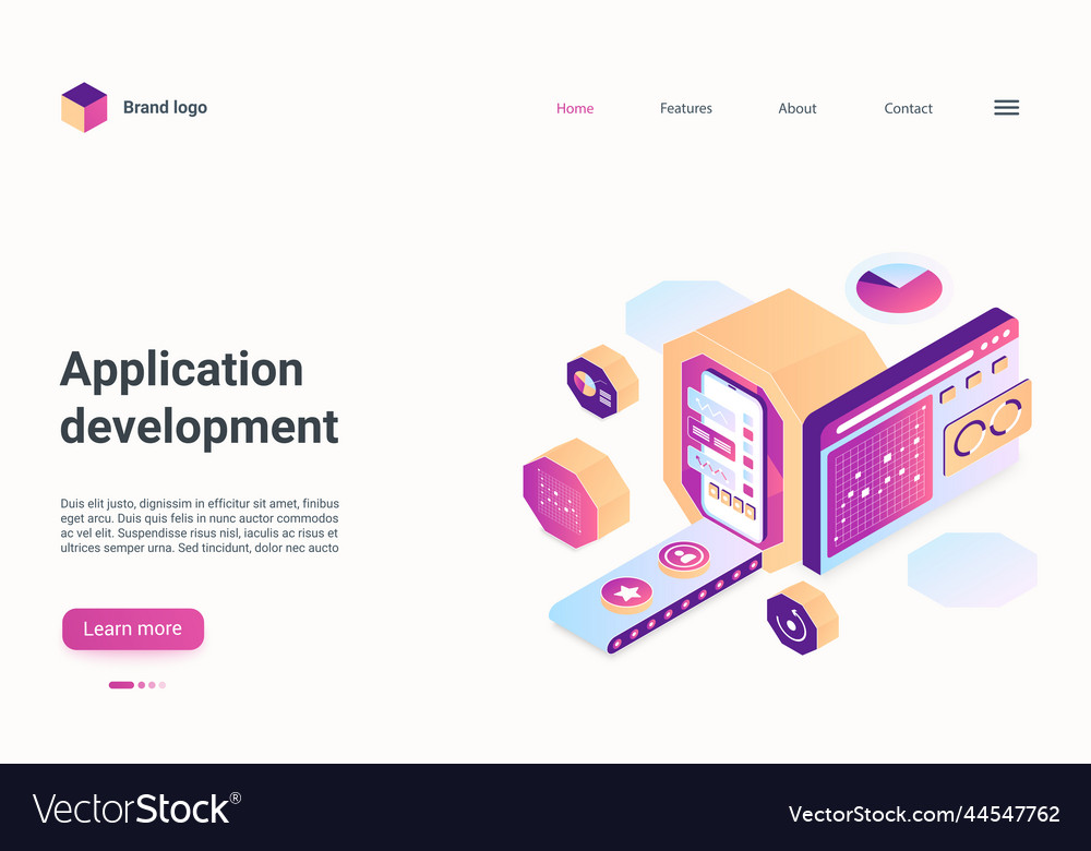 App Development Isometric Landing Page Royalty Free Vector