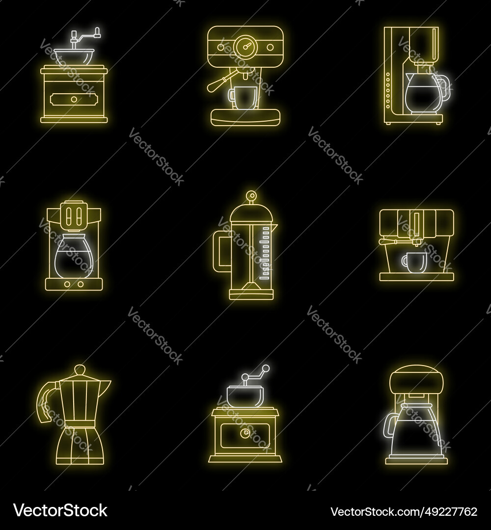 Coffee maker pot espresso icons set neon Vector Image