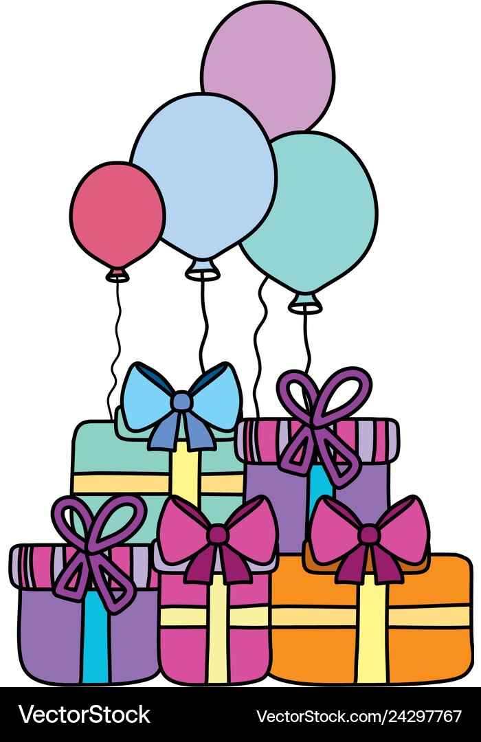 Color present boxes with balloons birthday party Vector Image