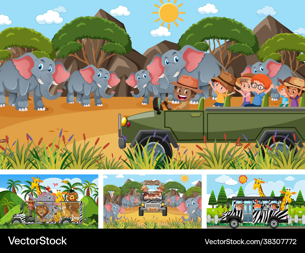 Four different zoo scenes with kids and animals Vector Image