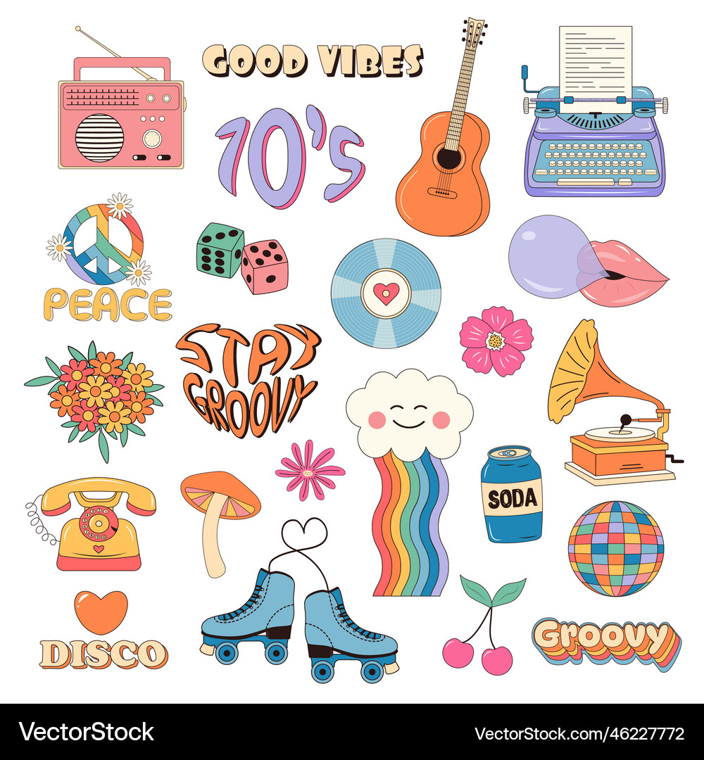 Retro 70s hippie psychedelic groovy elements Vector Image