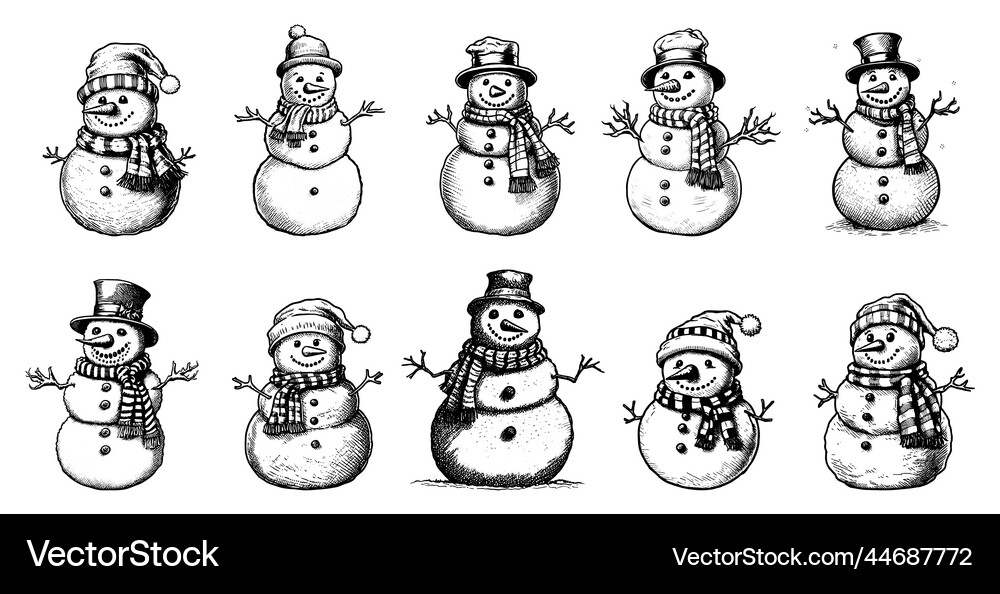 Set of hand drawn snowmans Royalty Free Vector Image
