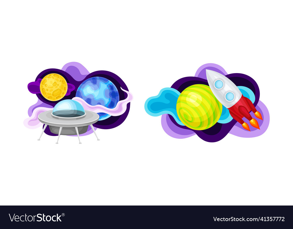 Solar system planets alien spaceship and rocket Vector Image