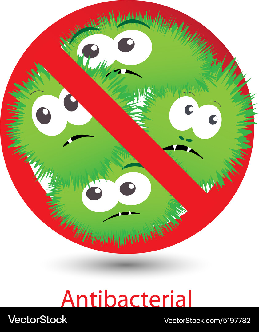 Antibacterial sign with a funny cartoon bacteria Vector Image