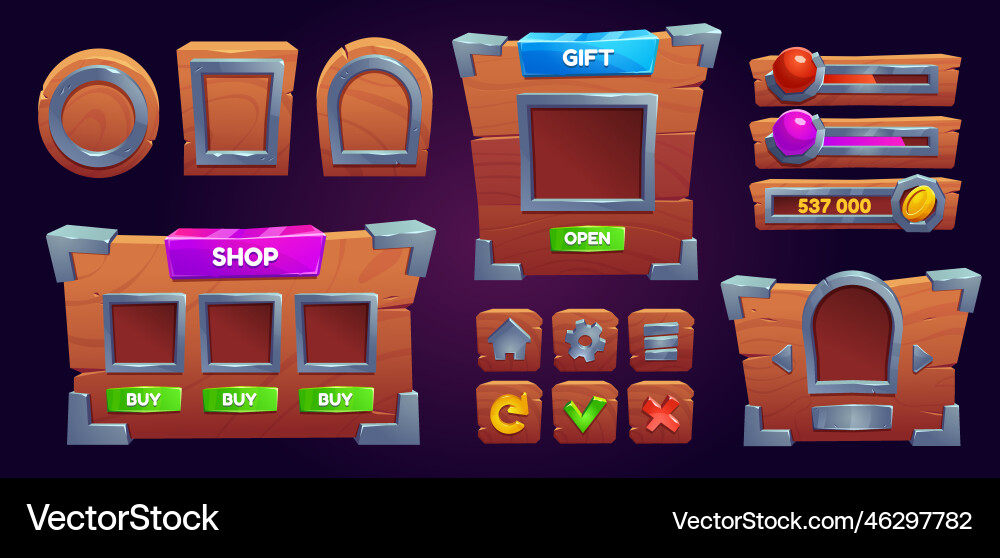 Game ui interface icons and wooden boards Vector Image