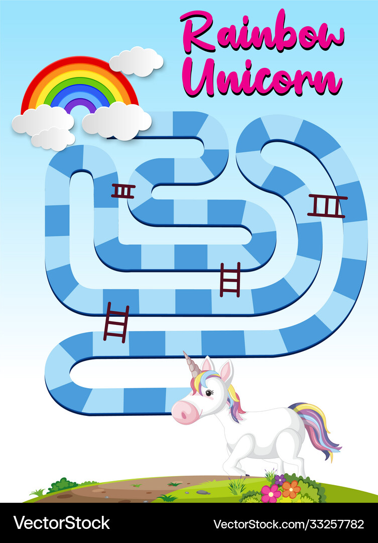 Rainbow unicorn board game template for preschool Vector Image