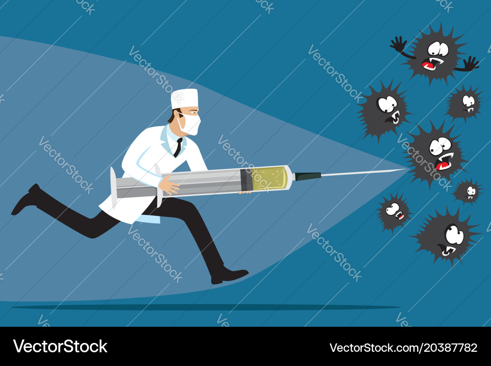 Running doctor with a syringe in his hands Vector Image