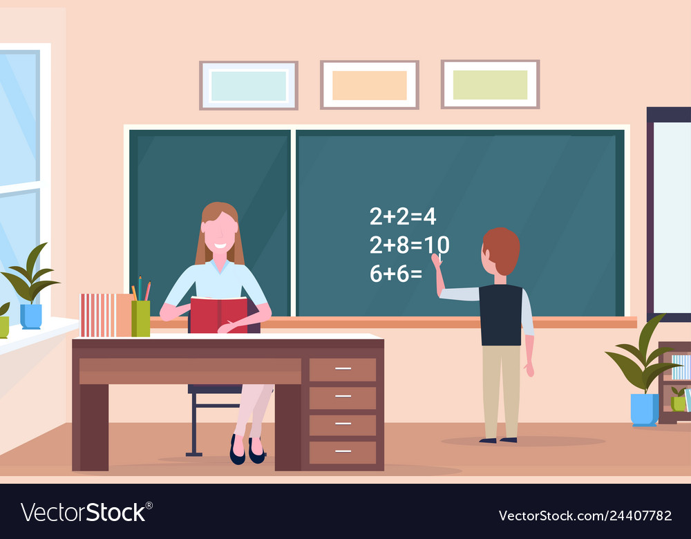 Woman teacher sitting at desk schoolboy solving Vector Image