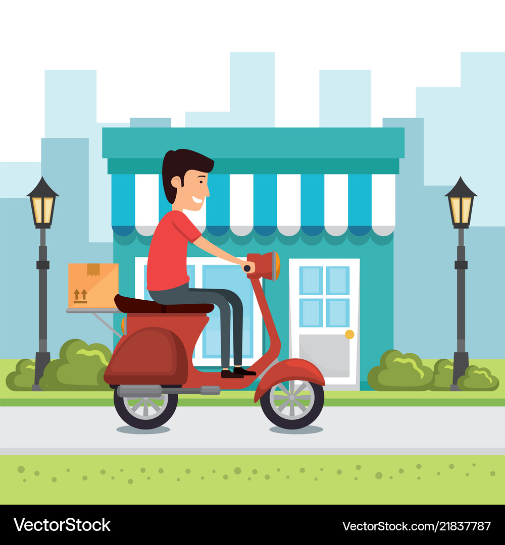 Delivery worker with motorcycle character Vector Image