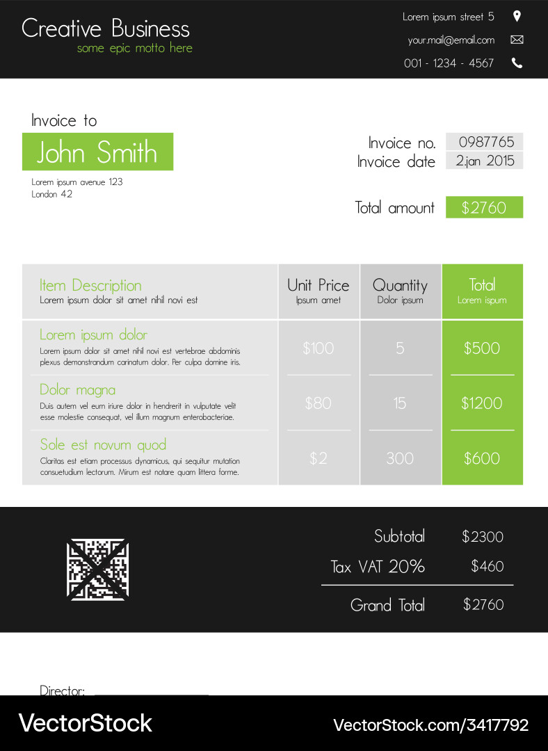Invoice template - clean modern style of green Vector Image