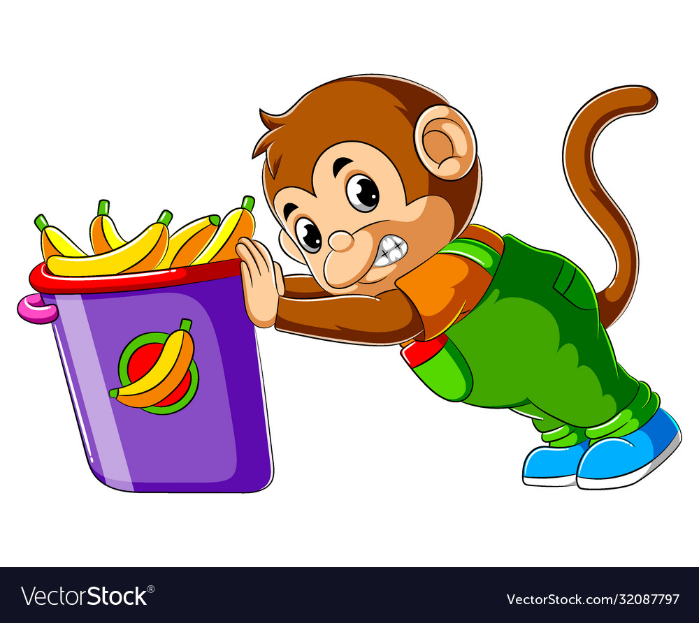 Monkey pushing a garbage can Royalty Free Vector Image