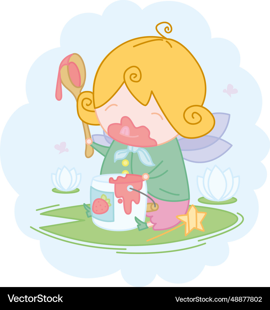 Fairy eating strawberry jam sitting on a lily leaf