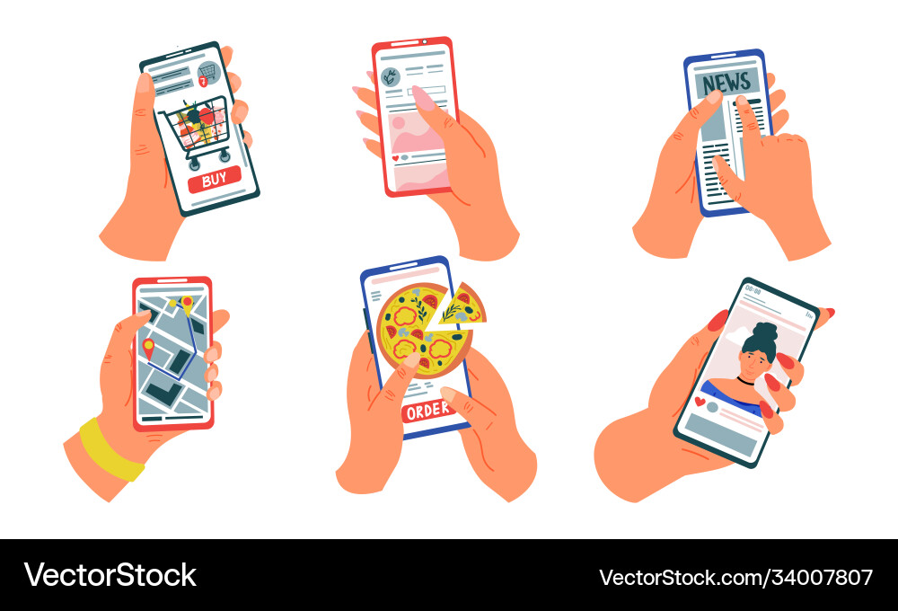 Hands with phones cartoon mobile devices with Vector Image