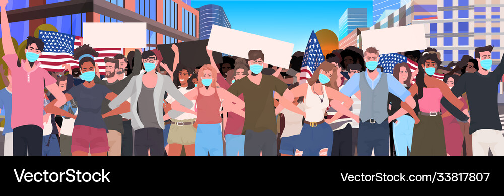 Mix race people crowd in masks holding empty Vector Image