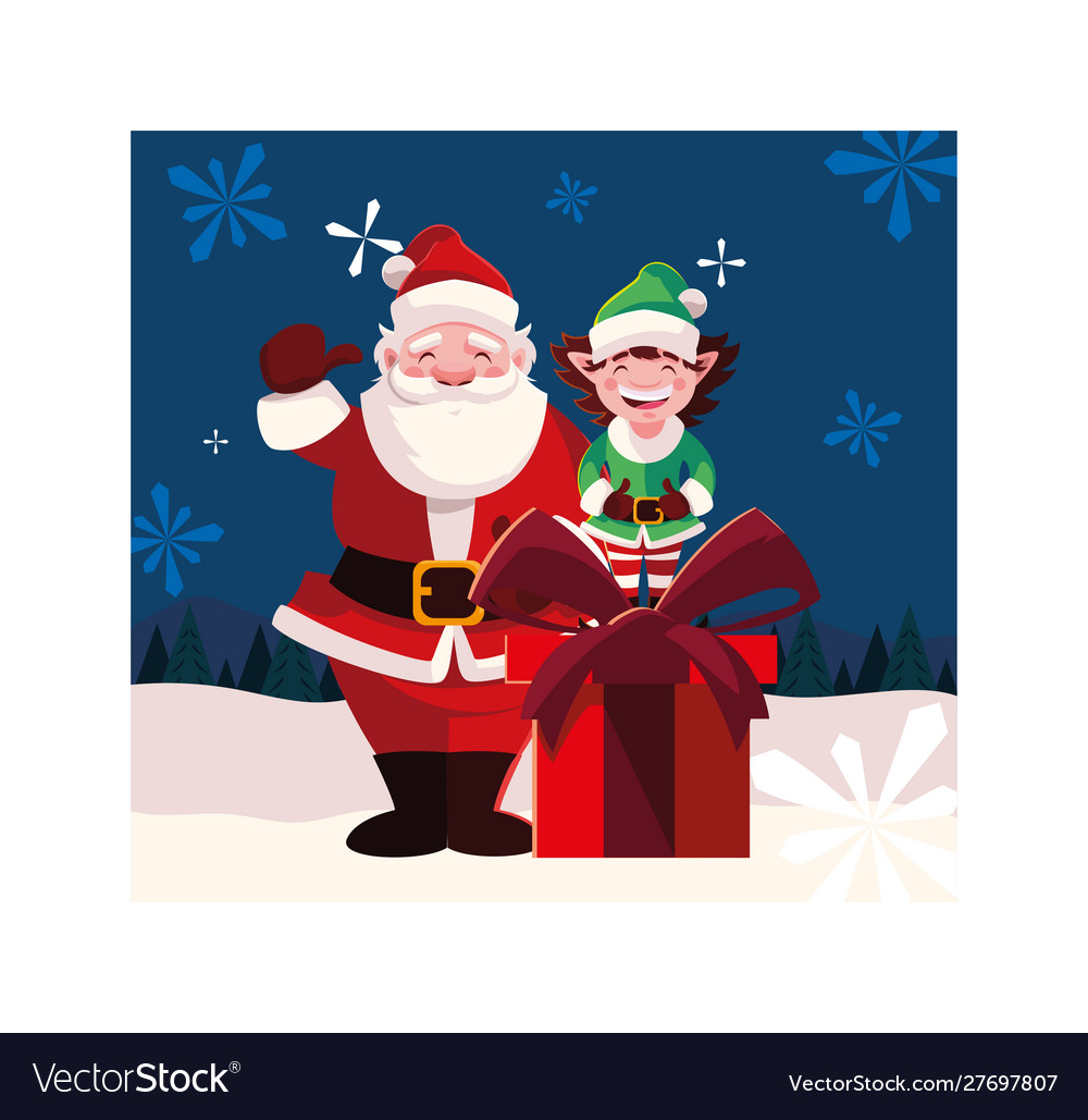 Santa claus and elf with gift box in winter Vector Image