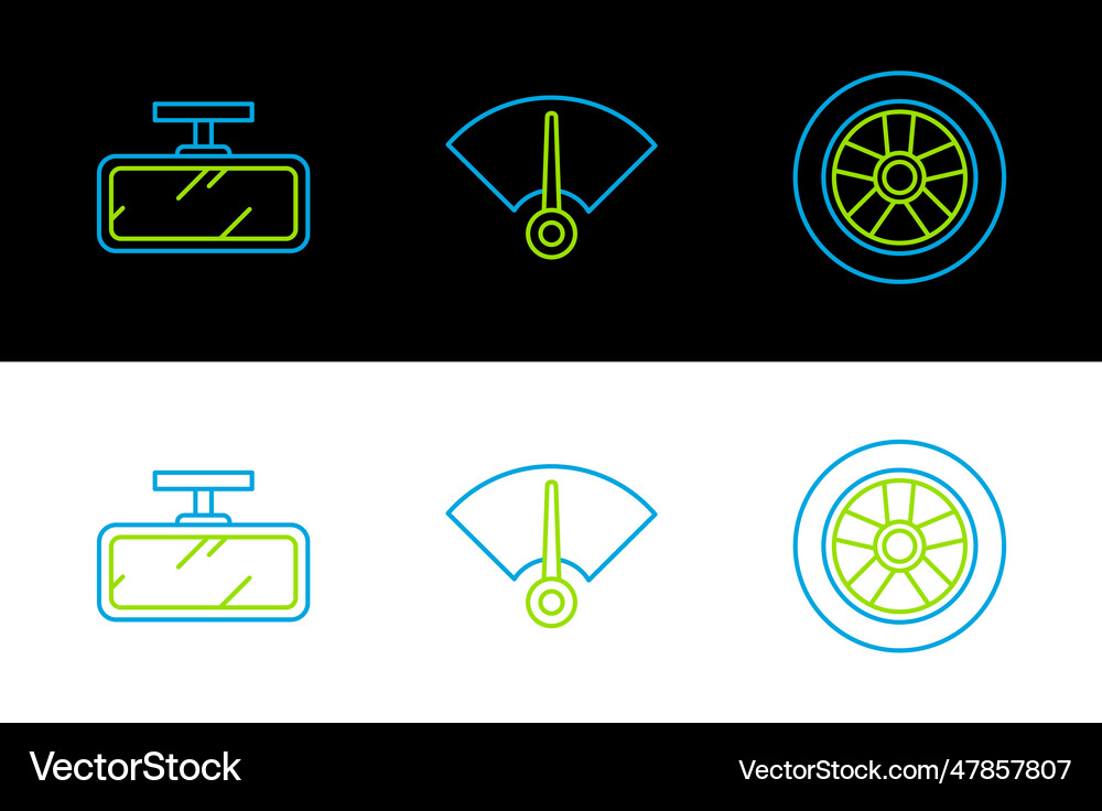 Set line car wheel mirror and speedometer icon Vector Image