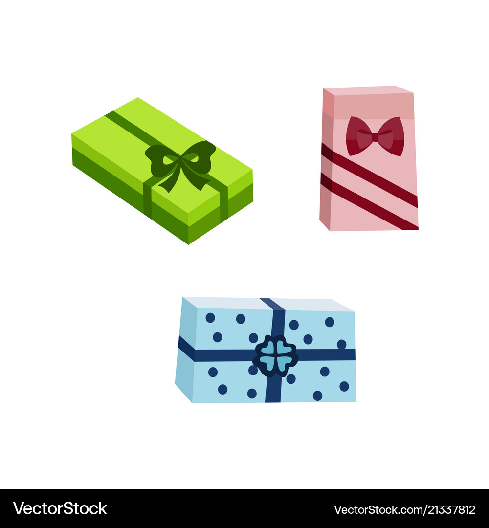 Cartoon present gift box ribbon bow set Royalty Free Vector