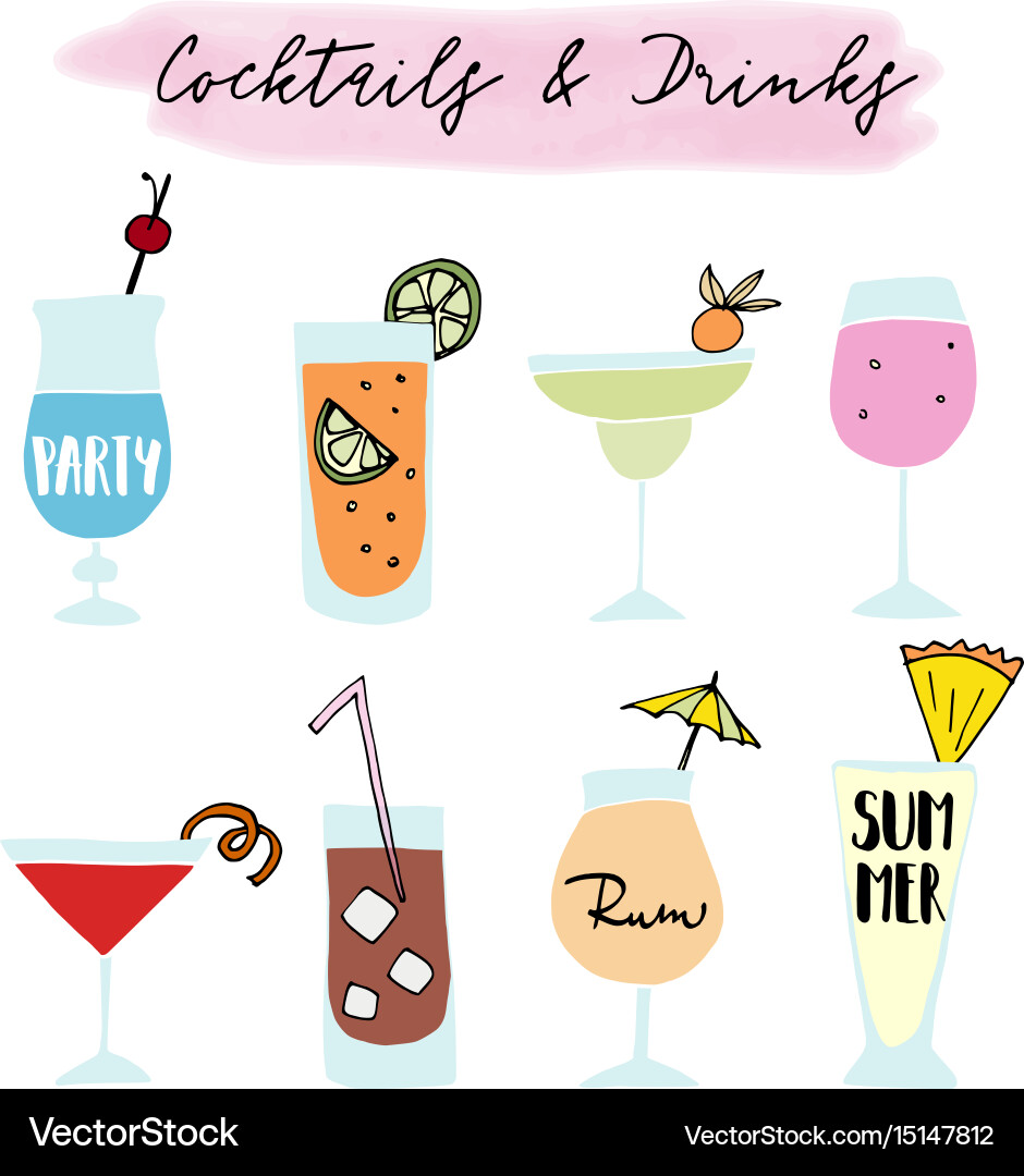 Set hand drawn alcoholic drinks cocktails Vector Image
