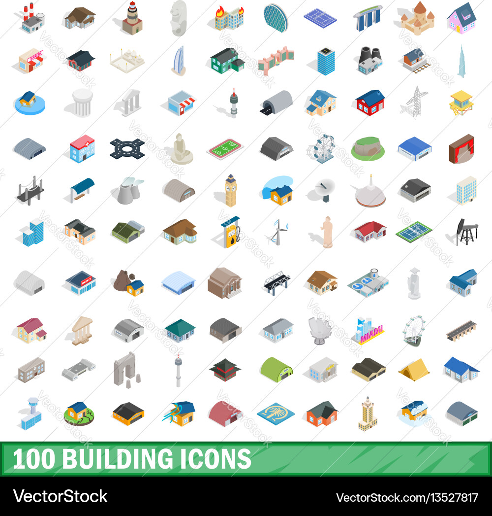 100 building icons set isometric 3d style Vector Image