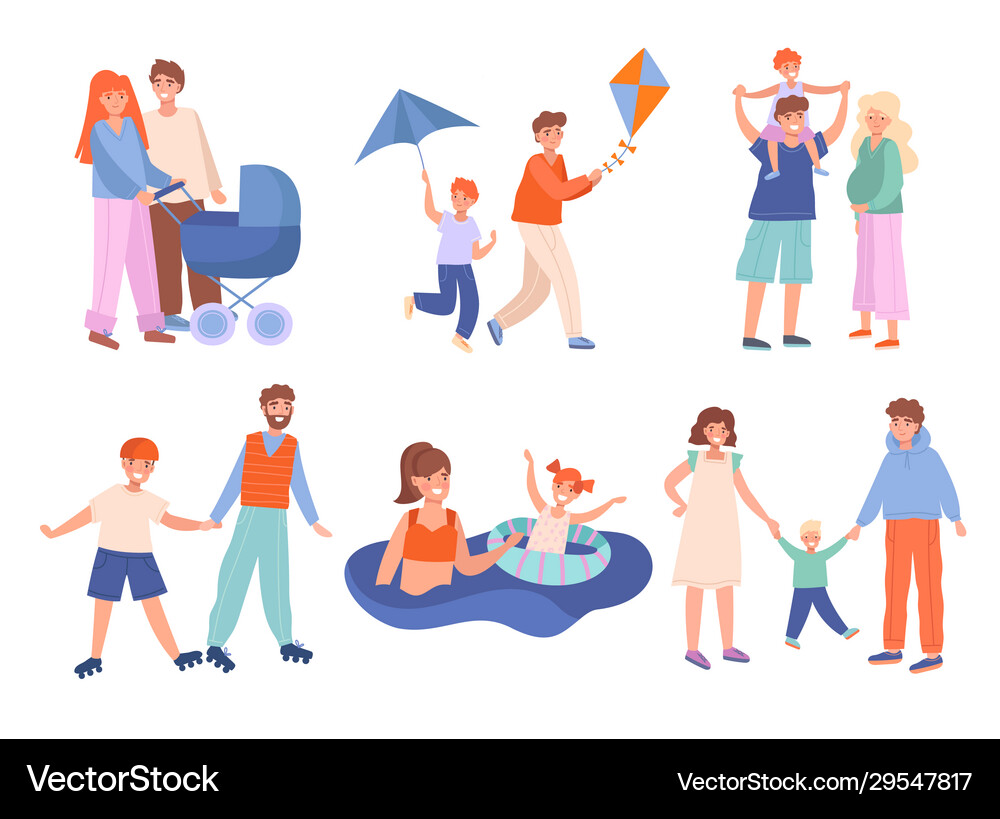Young families following assorted activities Vector Image
