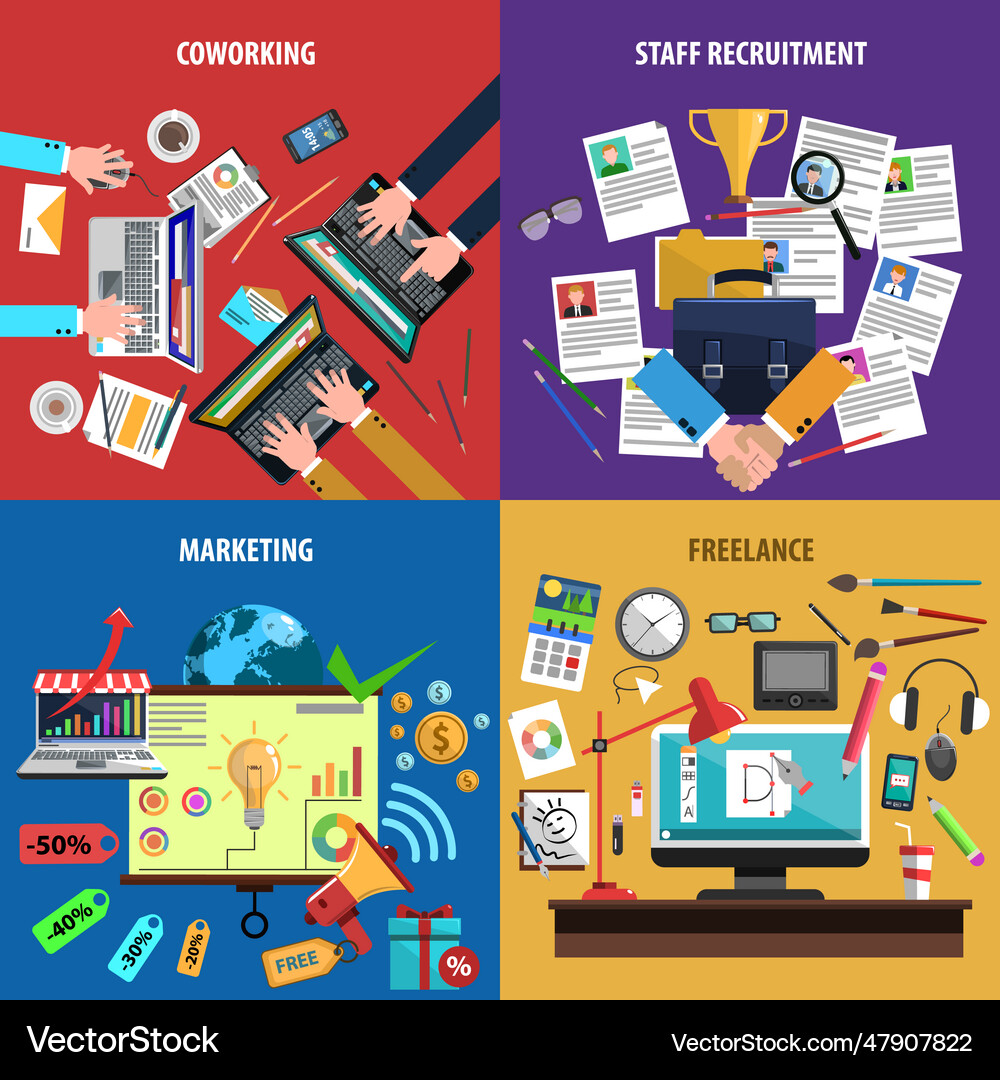 Freelance 4 flat icons banner square Royalty Free Vector