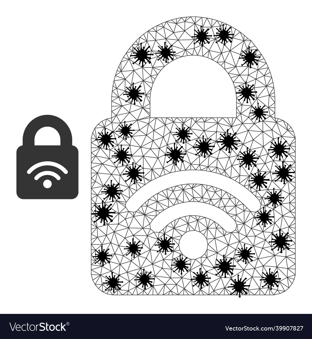 Wire frame mesh locked wi-fi pictograms with virus Wire frame mesh locked wi-fi pictograms with virus