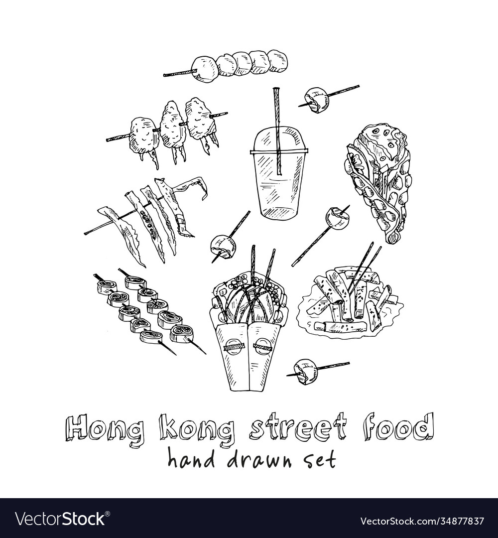 Hong kong street food menu doodle set Royalty Free Vector
