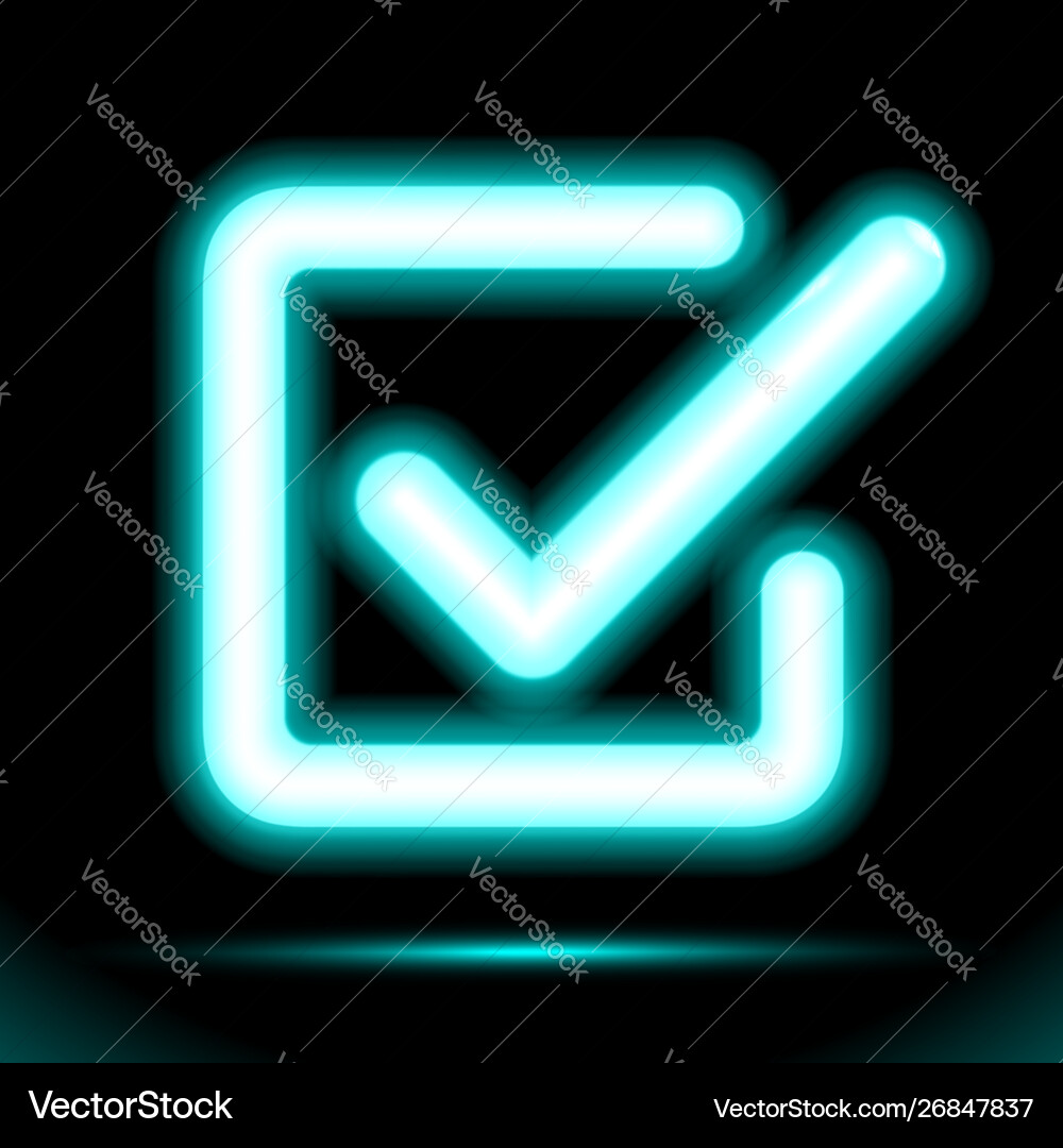 Neon lamp checkmark icon in a square tick symbol Vector Image