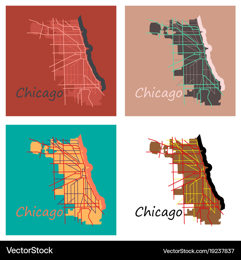 Set flat map chicago city illinois roads Vector Image