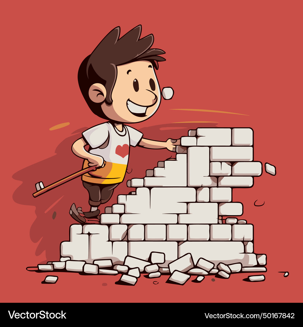 Cartoon boy building a brick wall with hammer Vector Image