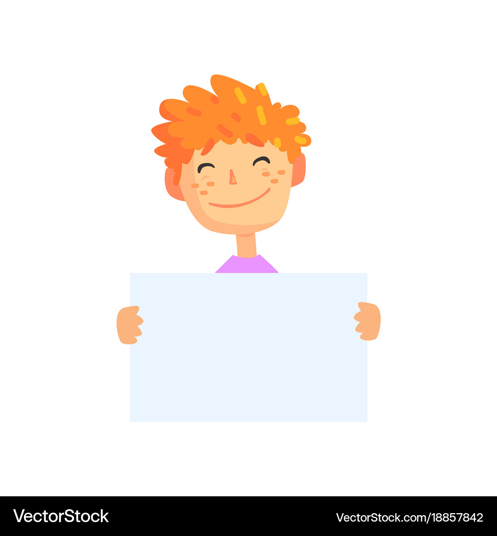Cartoon boy holding empty poster isolated on white