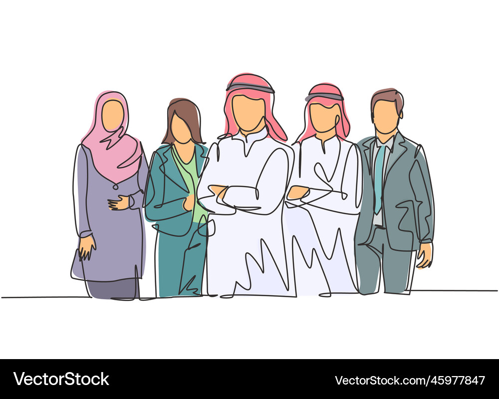 One continuous line drawing group of young muslim Vector Image