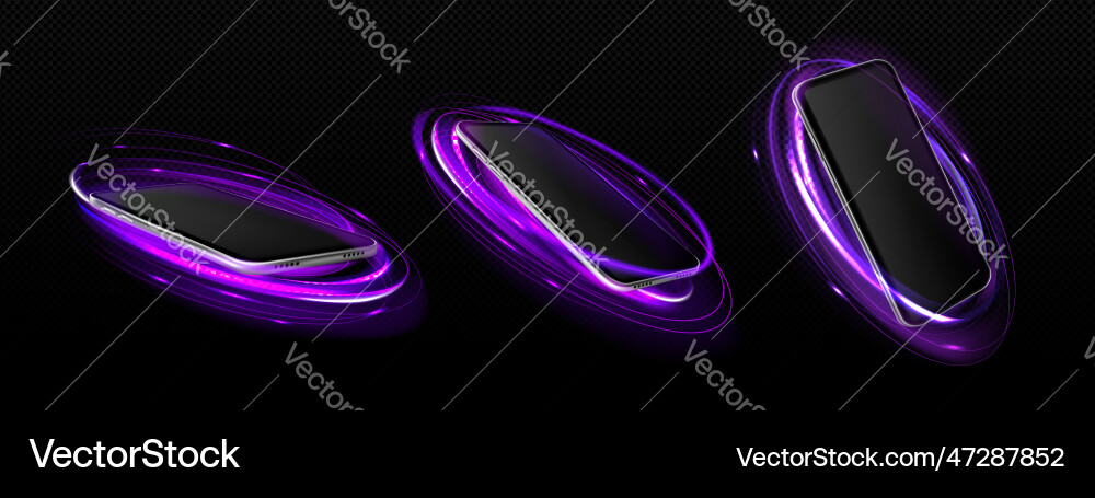 3d purple neon ring and mobile phone background Vector Image