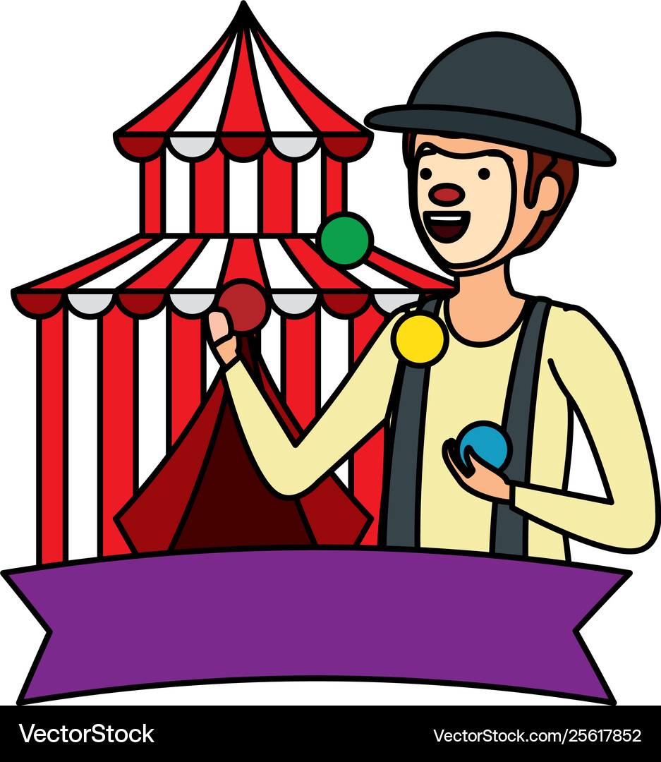 Circus clown juggling balls with tent Royalty Free Vector