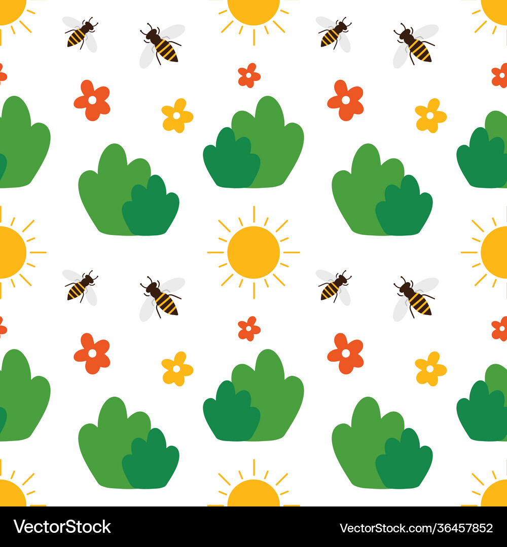 Nature pattern with bushes flowers bees and sun Vector Image