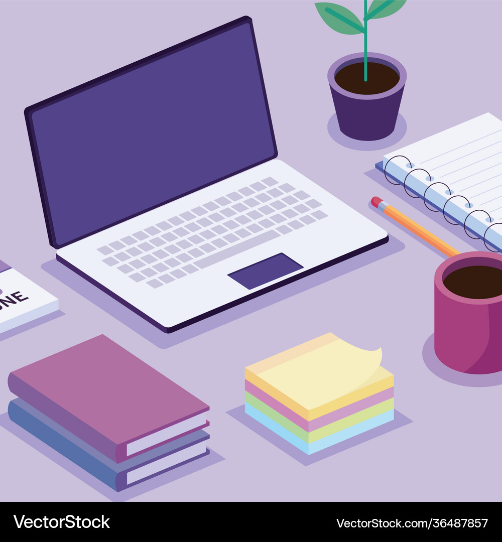 Laptop and isometric workspace set icons Vector Image