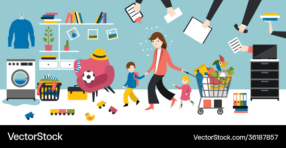 Tired multitasking woman coming home after work Vector Image
