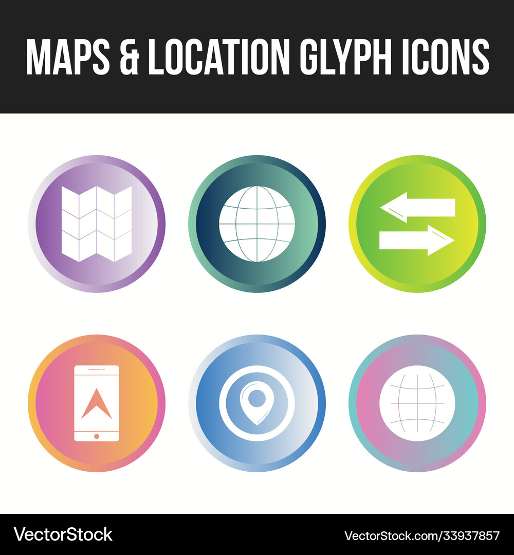 Unique set maps location 6 glyph icons Royalty Free Vector