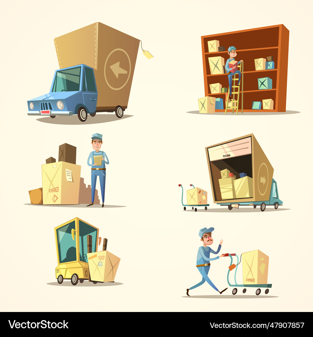Warehouse retro cartoon set retro Royalty Free Vector Image