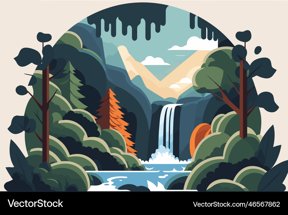 Landscape with a waterfall in the forest in flat Vector Image