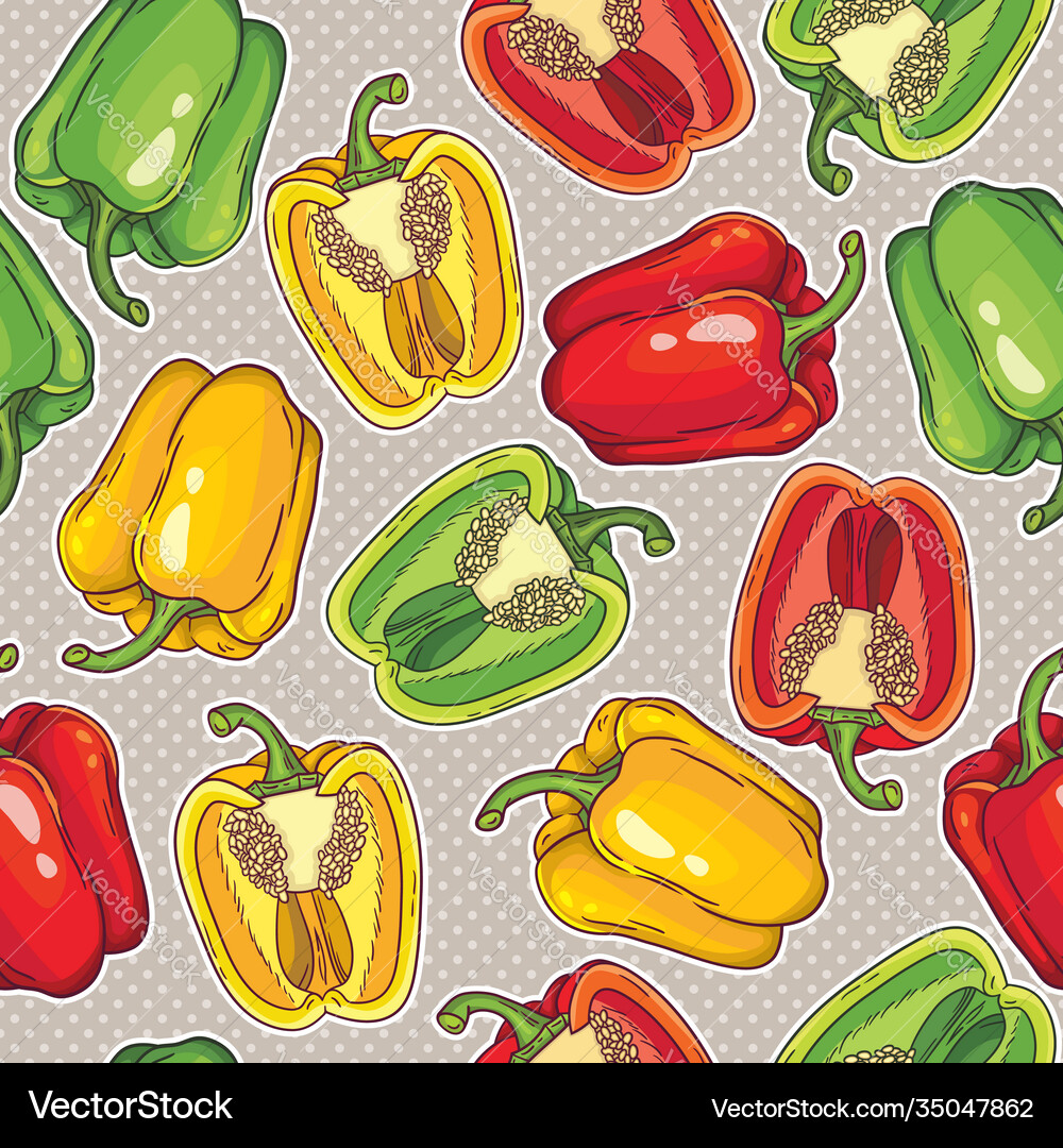 Seamless pattern with green yellow and red peppers