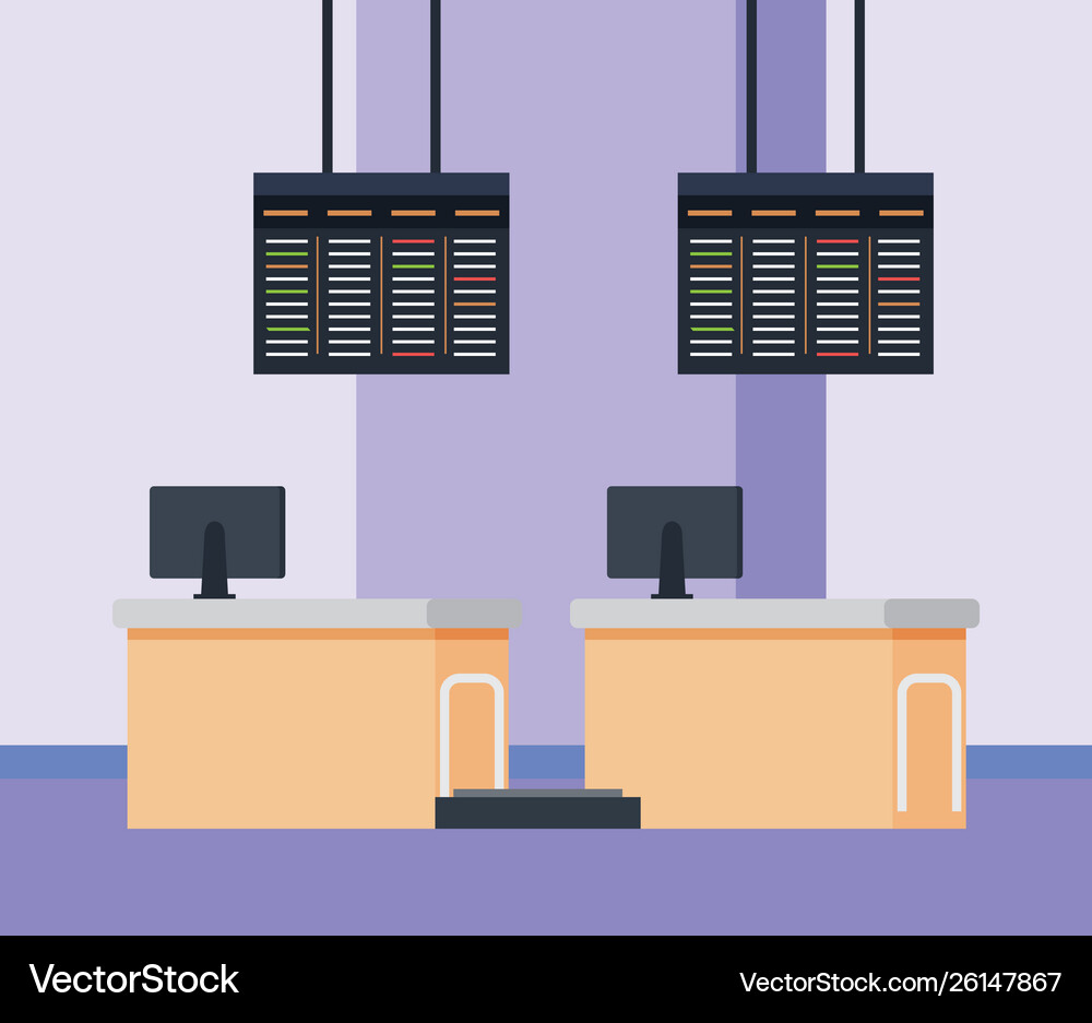 Airport station with desks and computers Vector Image