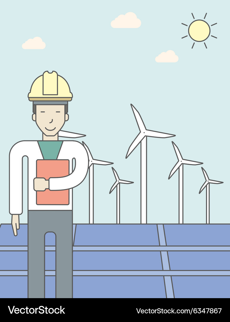 Man with solar panels and wind turbines Royalty Free Vector