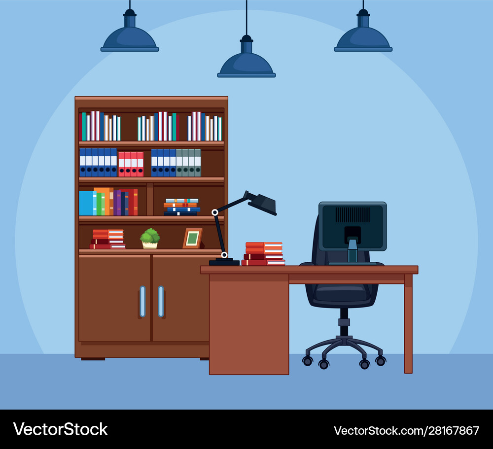 Office scenery with desk and library colorful Vector Image